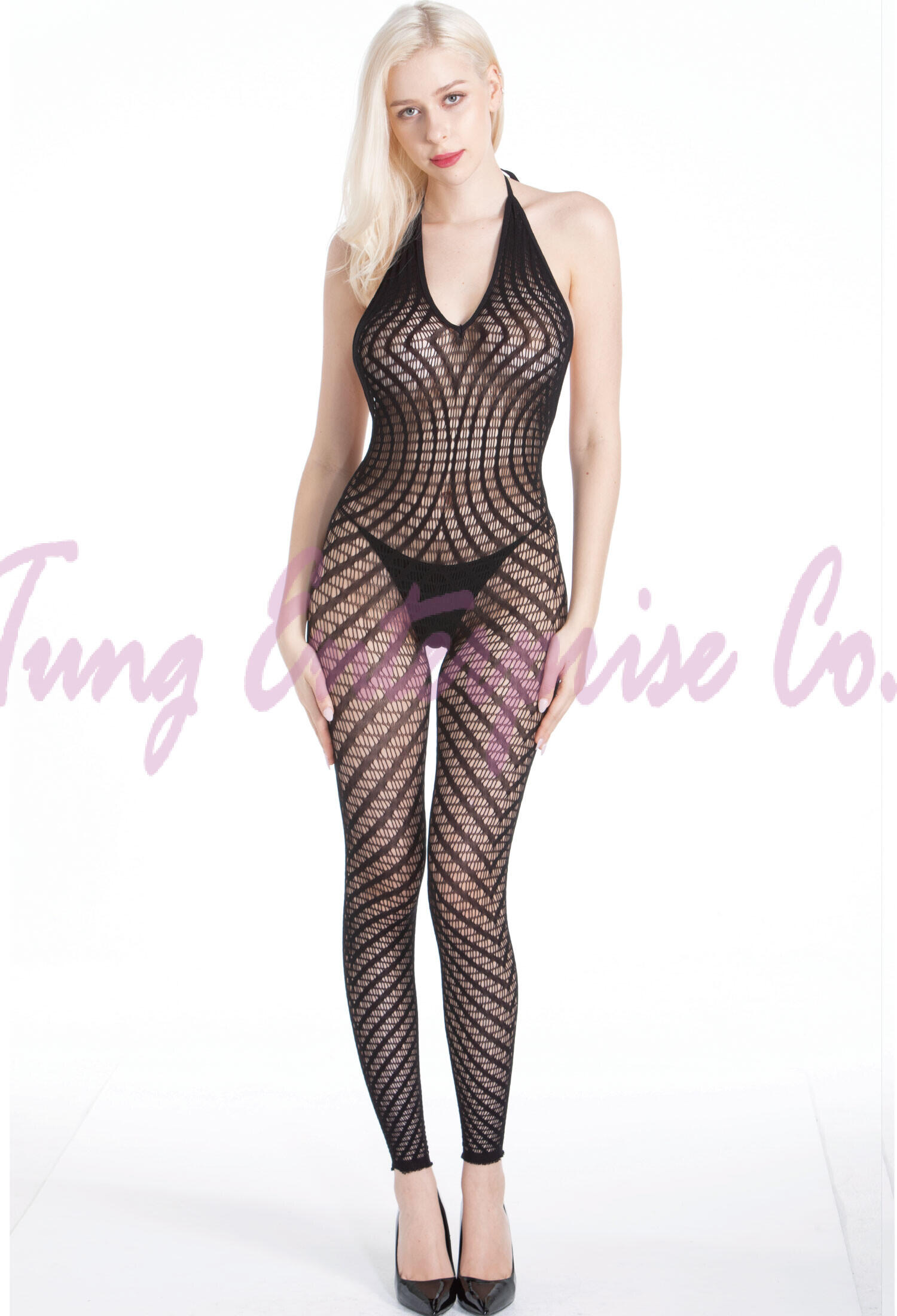 Halter Neck Chevron Pattern Crotchless Full Bodystockings